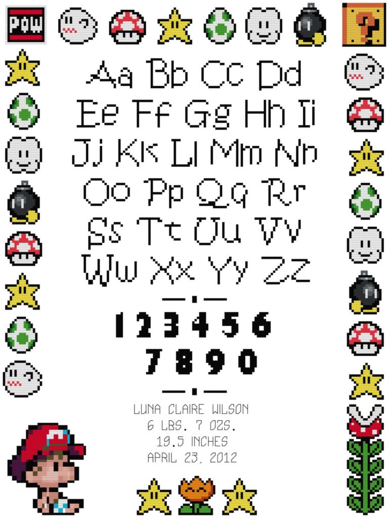 Mario Baby Birth Record Cross Stitch Pattern - NERDpillo